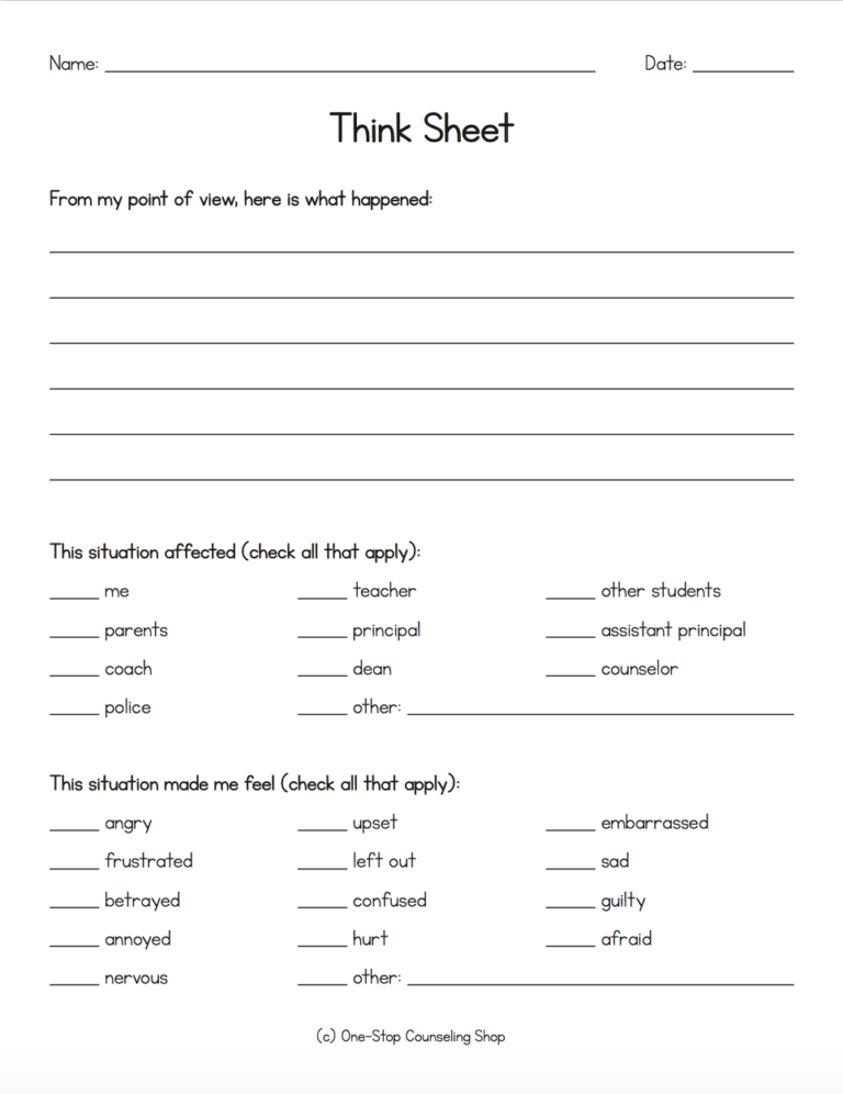 Behavior Think Sheets – One-Stop Counseling Shop